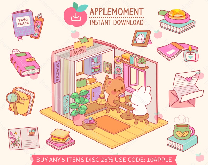 Cute Kawaii Printable Digital Stickers Clipart Cozy Kitchen and Books ...