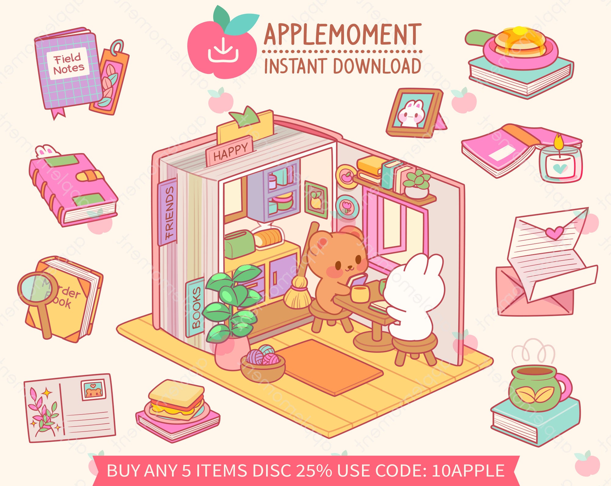 Cute Kawaii Printable Digital Stickers Clipart Cozy Kitchen and Books ...