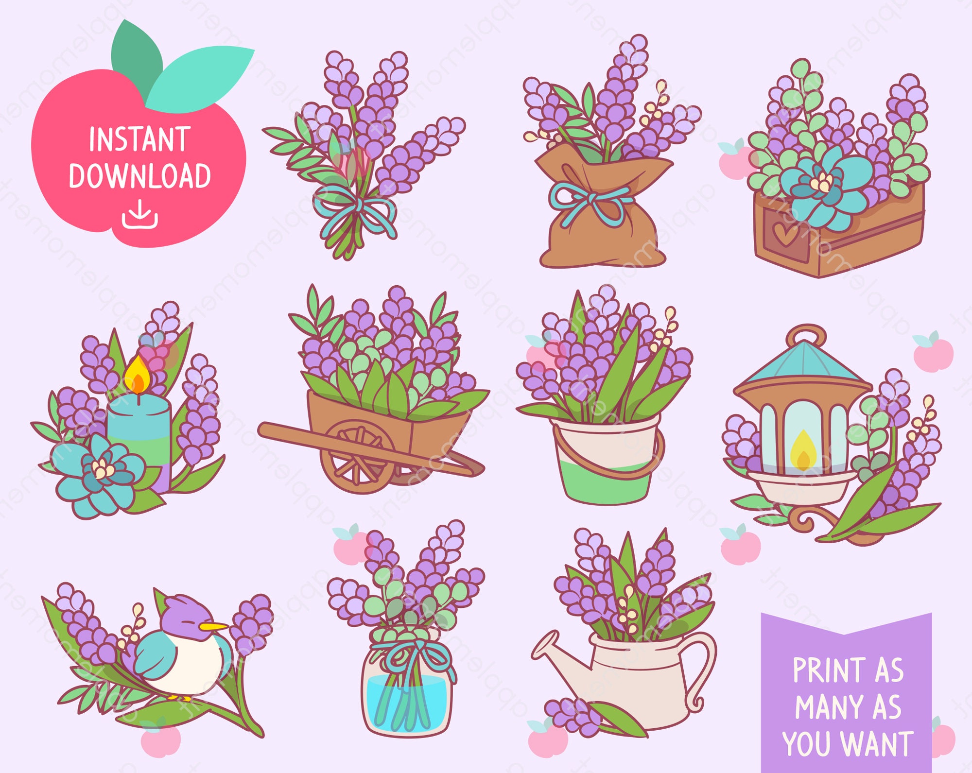 Cute Kawaii Printable Digital Stickers Clipart Purple Lavender ...