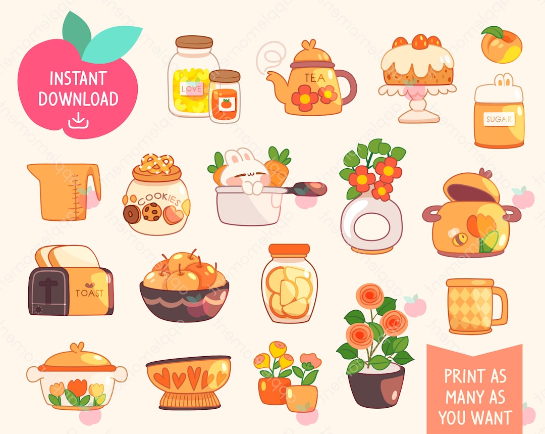 Kawaii Kitchen Clipart Stickers: Orange Peach Apricot (PNG Digital ...