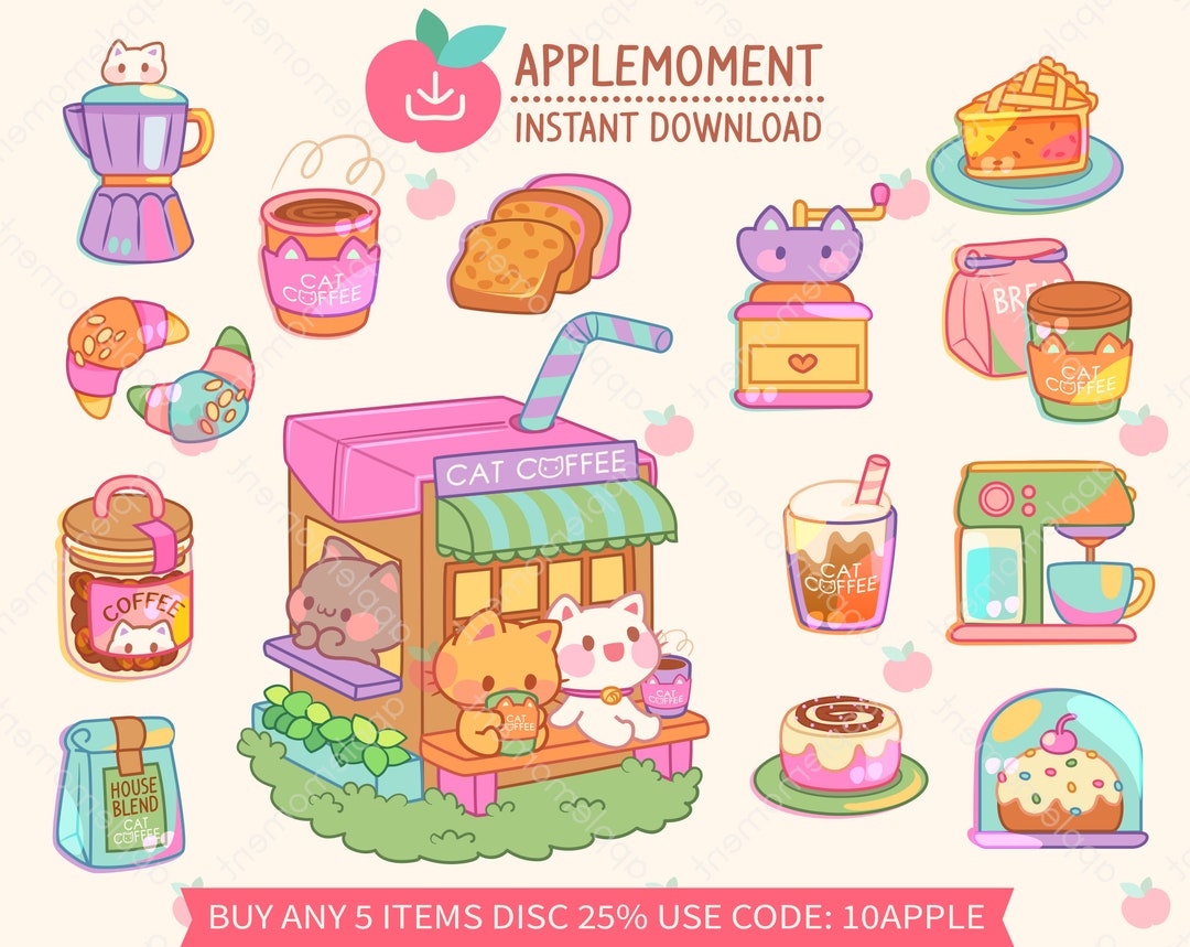 Cute Kawaii Printable Digital Stickers Clipart Cat Coffee Shop, PNG ...
