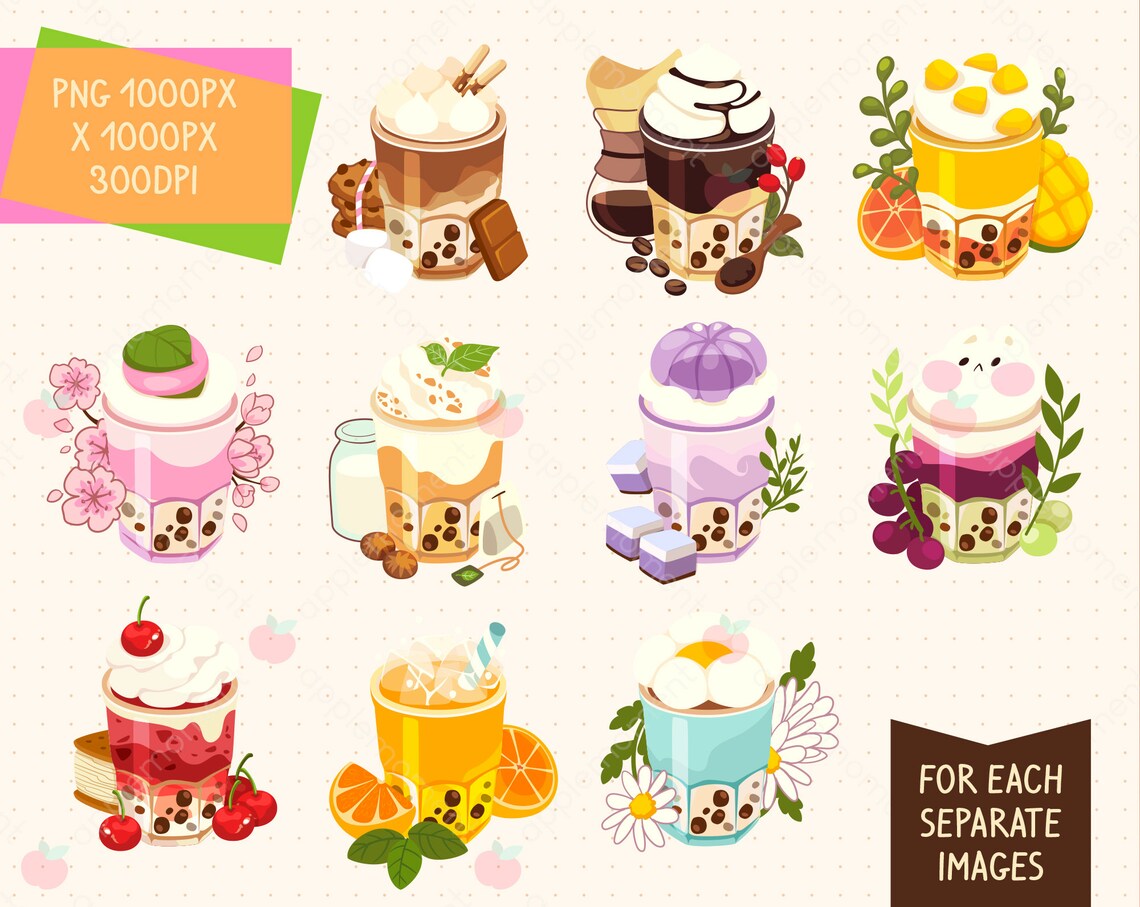 Cute Kawaii Printable Digital Stickers Clipart Rainbow Boba - Etsy