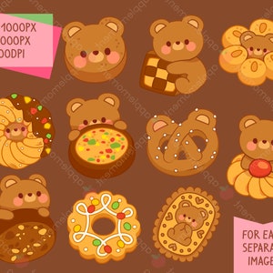 Kawaii Bear Cookie Clipart: Rainbow Snack Stickers (PNG, Digital ...
