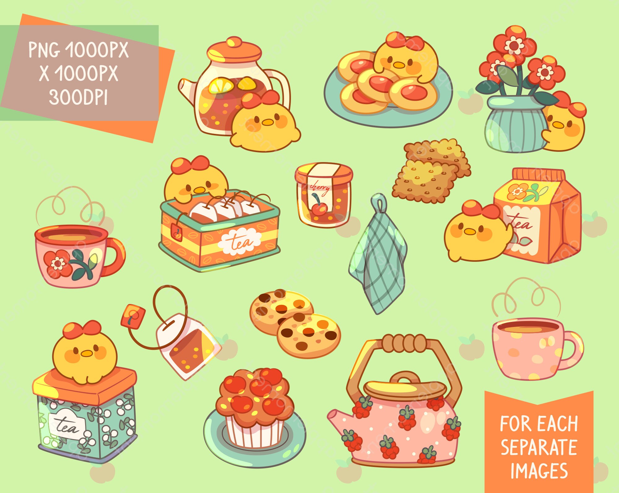 Cute Kawaii Printable Digital Stickers Clipart Tea Chick, Cookies and ...