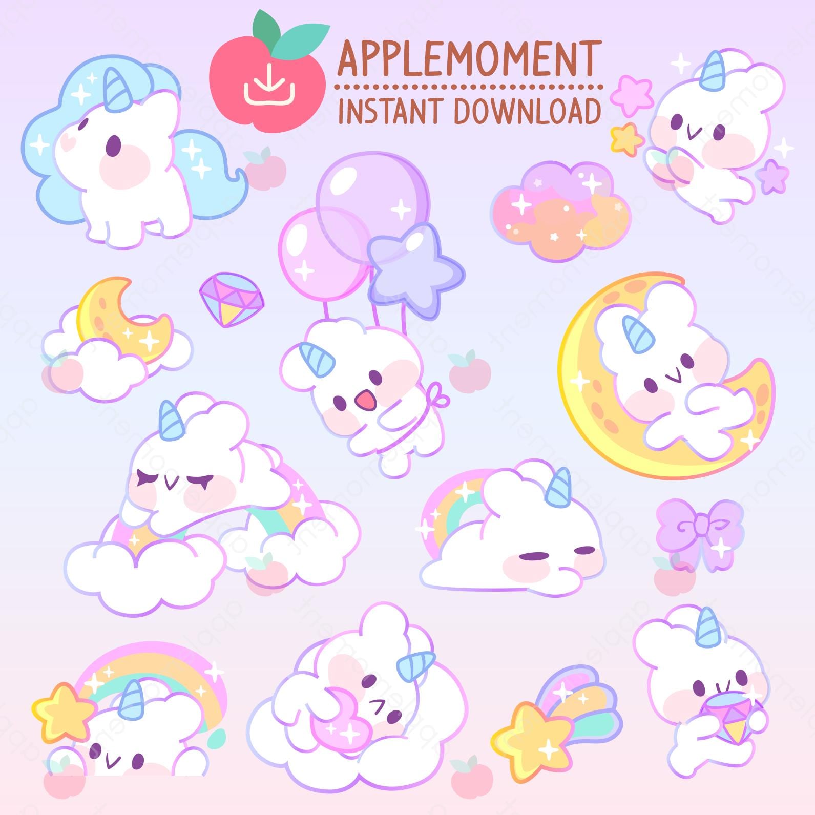 Cute Kawaii Printable Digital Stickers Clipart Animals Rainbow Dreamy ...