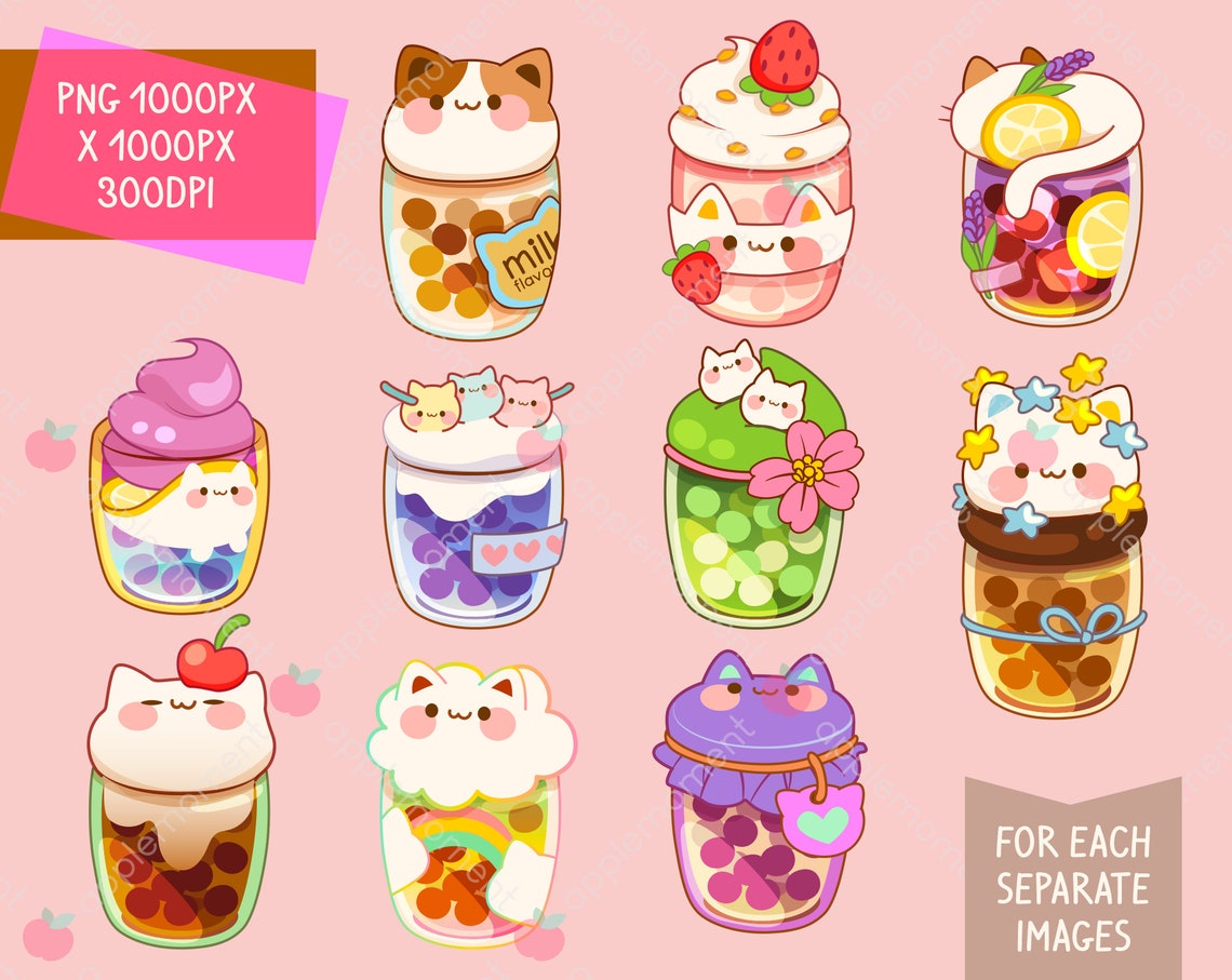 Boba Cat Clip Art Sticker PNG, Cute Kawaii Printable Digital Stickers ...