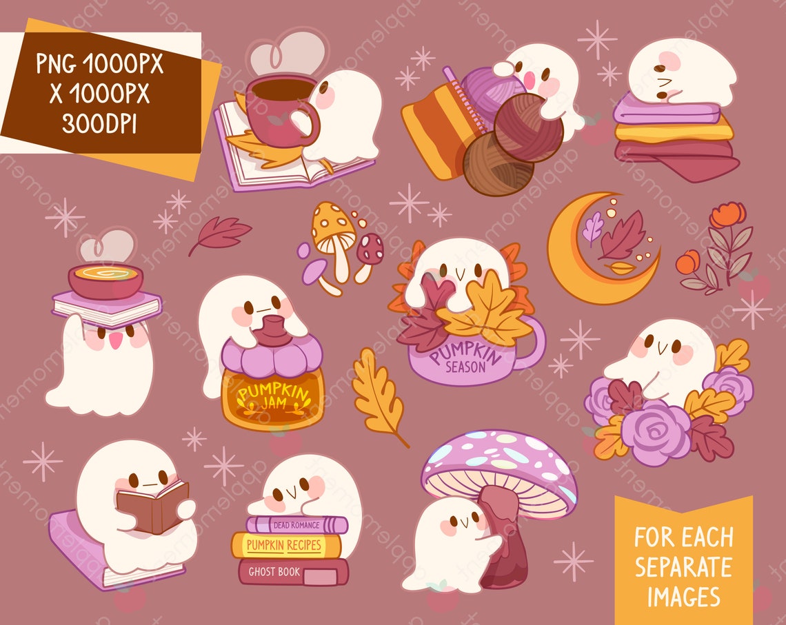 Cute Kawaii Printable Digital Stickers Clipart Purple Autumn Fall Ghost ...