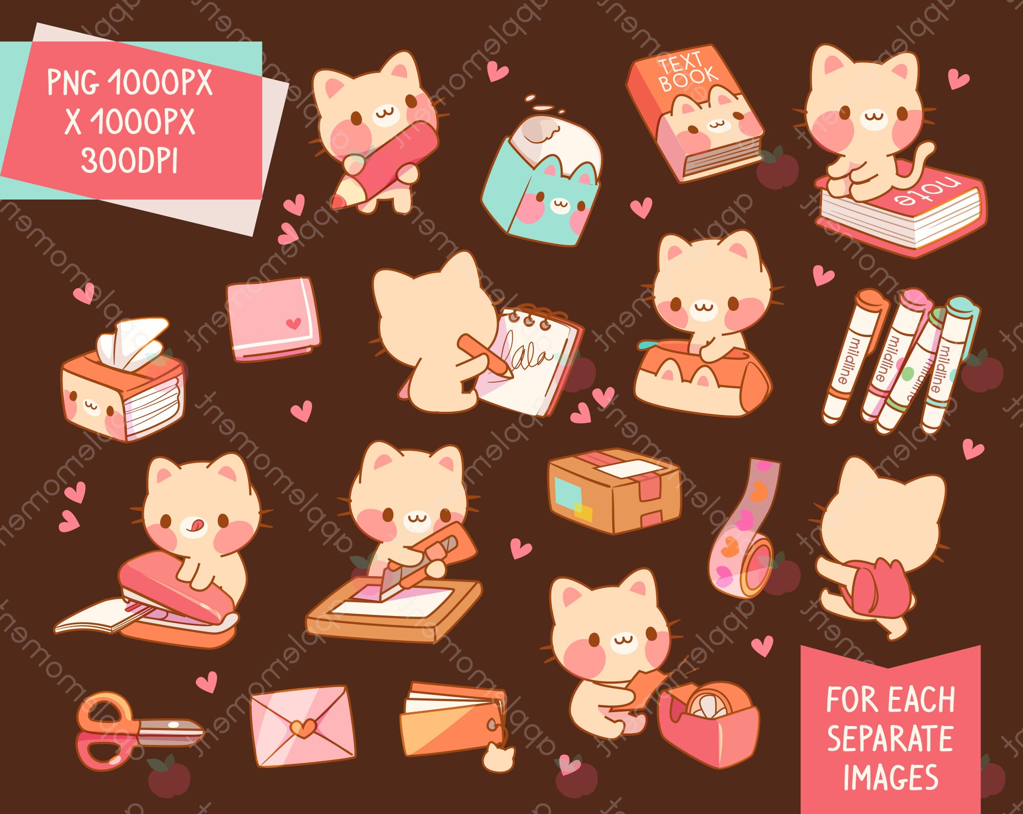Cute Kawaii Printable Digital Stickers Clipart Rainbow Peach Pink Cat ...