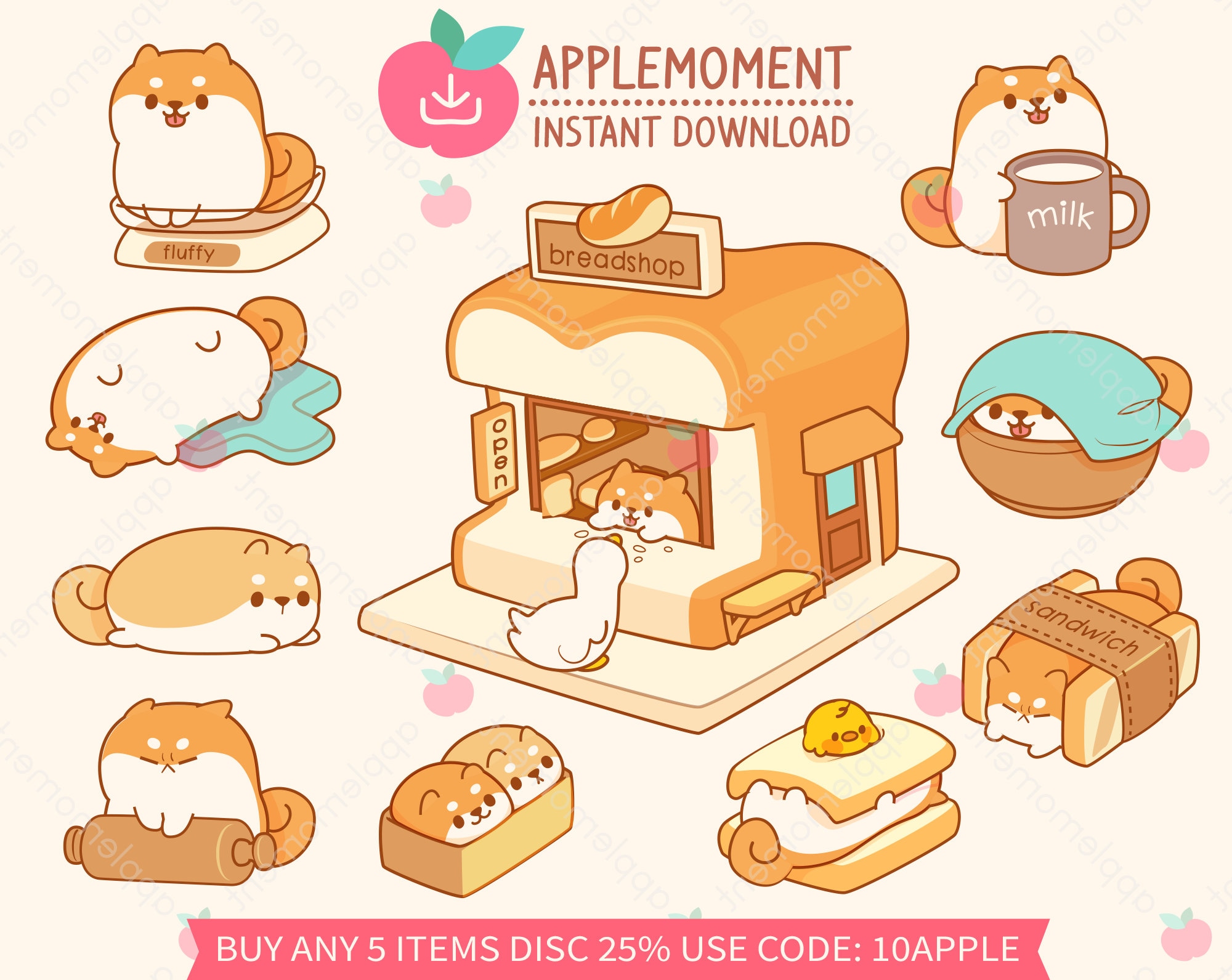 Kawaii Corgi Bakery Clipart Stickers: Duck, Chick, Bread (PNG ...