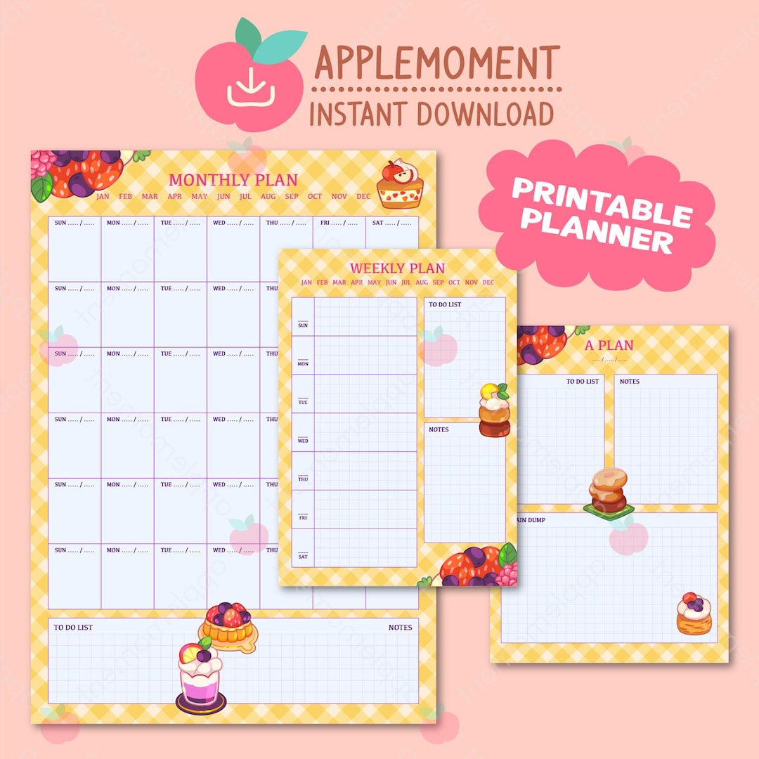 Kawaii Purple Sweet Dessert Planner Set: Monthly, Weekly, Notepad (PDF ...