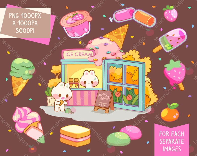 Cute Kawaii Printable Digital Stickers Clipart Bunny Rabbit Ice Cream ...