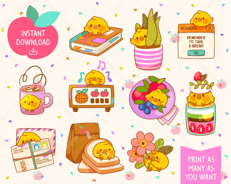 Cute Kawaii Printable Digital Stickers Clipart Rainbow Daily Chicks ...