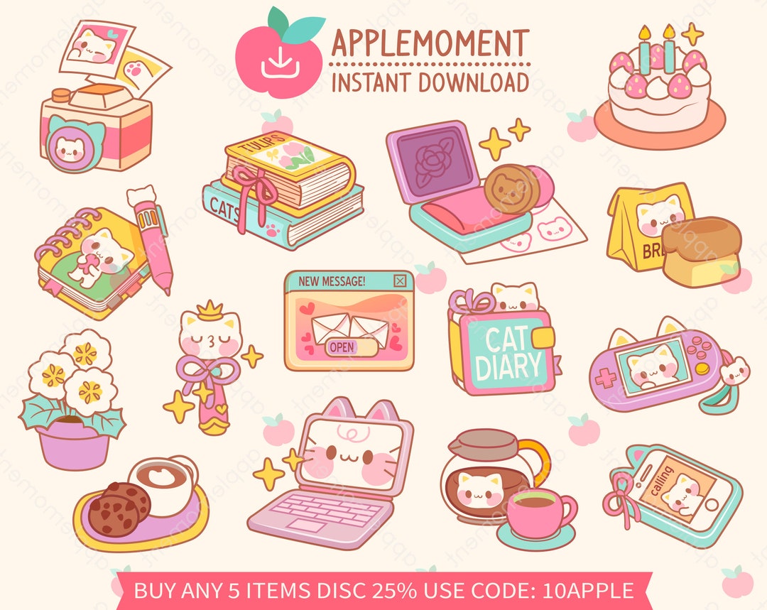 Cute Kawaii Printable Digital Stickers Clipart Illustration Aesthetic ...