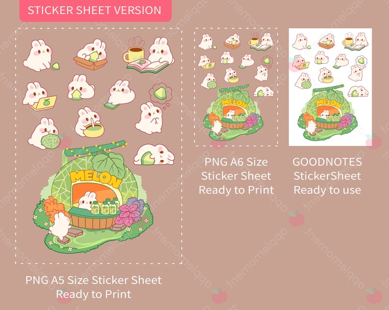 Cute Kawaii Printable Digital Stickers Clipart Bunny Rabbit Melon Juice ...
