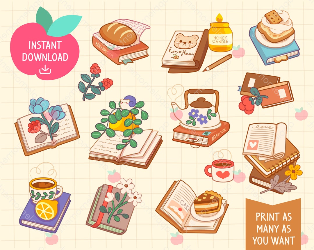 Cute Kawaii Printable Digital Stickers Clipart Books And Flowers, Cake 