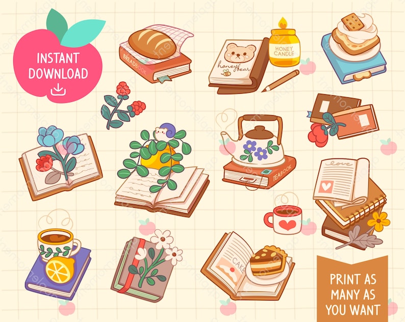 Cute Kawaii Printable Digital Stickers Clipart Books and Flowers, Cake ...