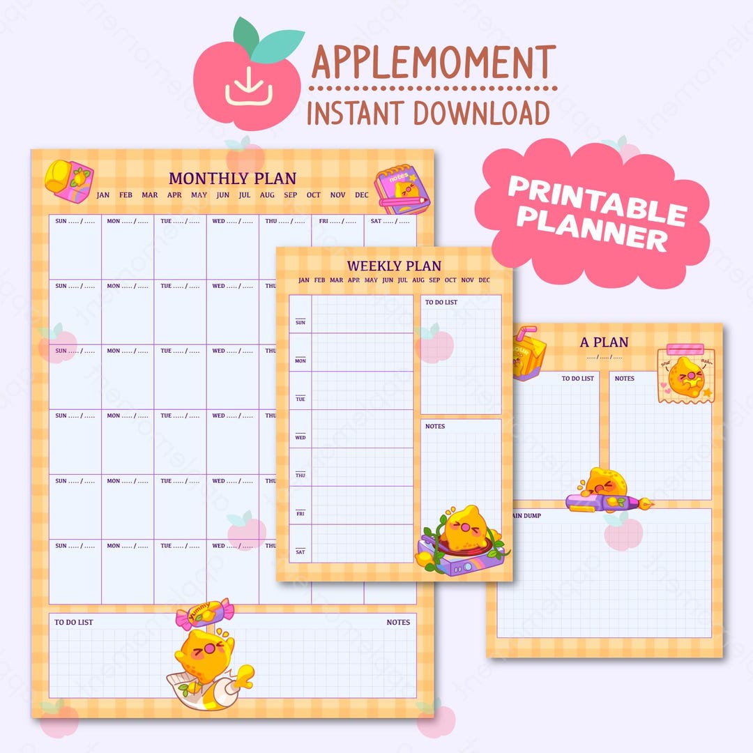 Kawaii Lemon Yellow Planner: Monthly, Weekly, Notepad (PDF, PNG) - Etsy
