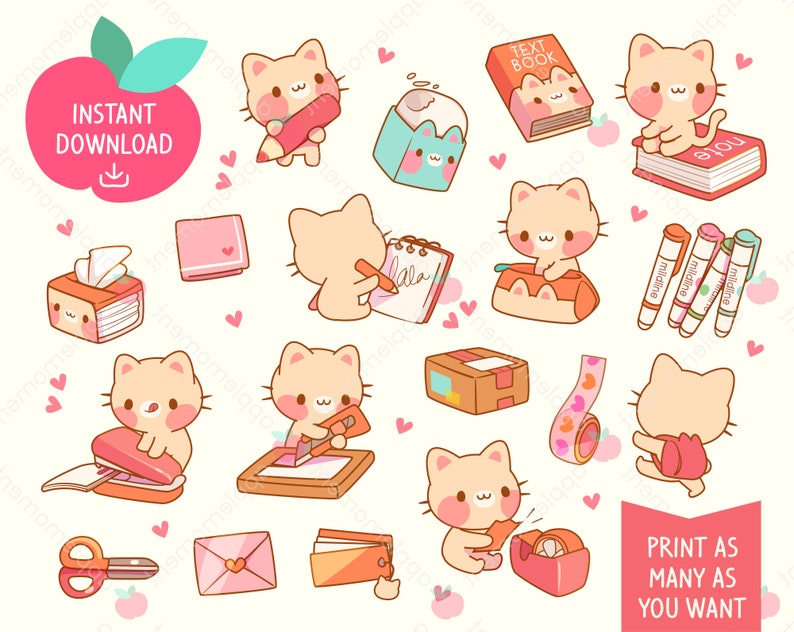 Cute Kawaii Printable Digital Stickers Clipart Rainbow Peach Pink Cat ...