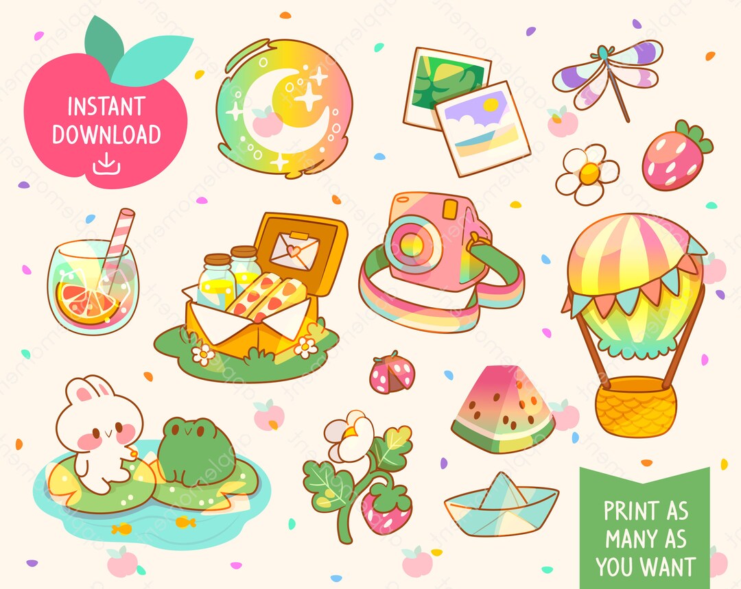 Cute Kawaii Printable Digital Stickers Clipart Rainbow Bunny Rabbit and ...