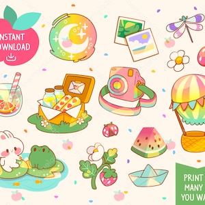 Cute Kawaii Printable Digital Stickers Clipart Rainbow Bunny Rabbit and ...