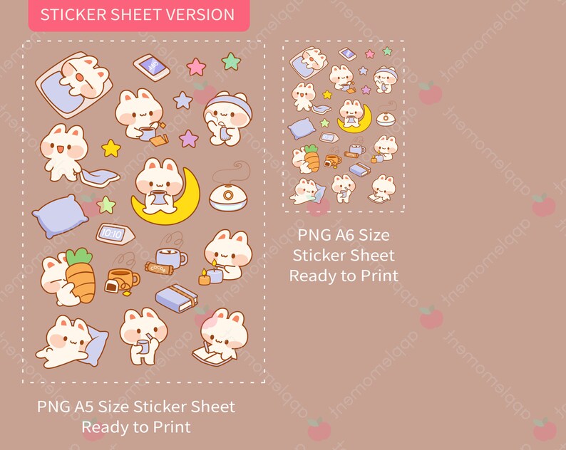 Cute Kawaii Printable Digital Stickers Clipart Bunny Rabbit Night ...