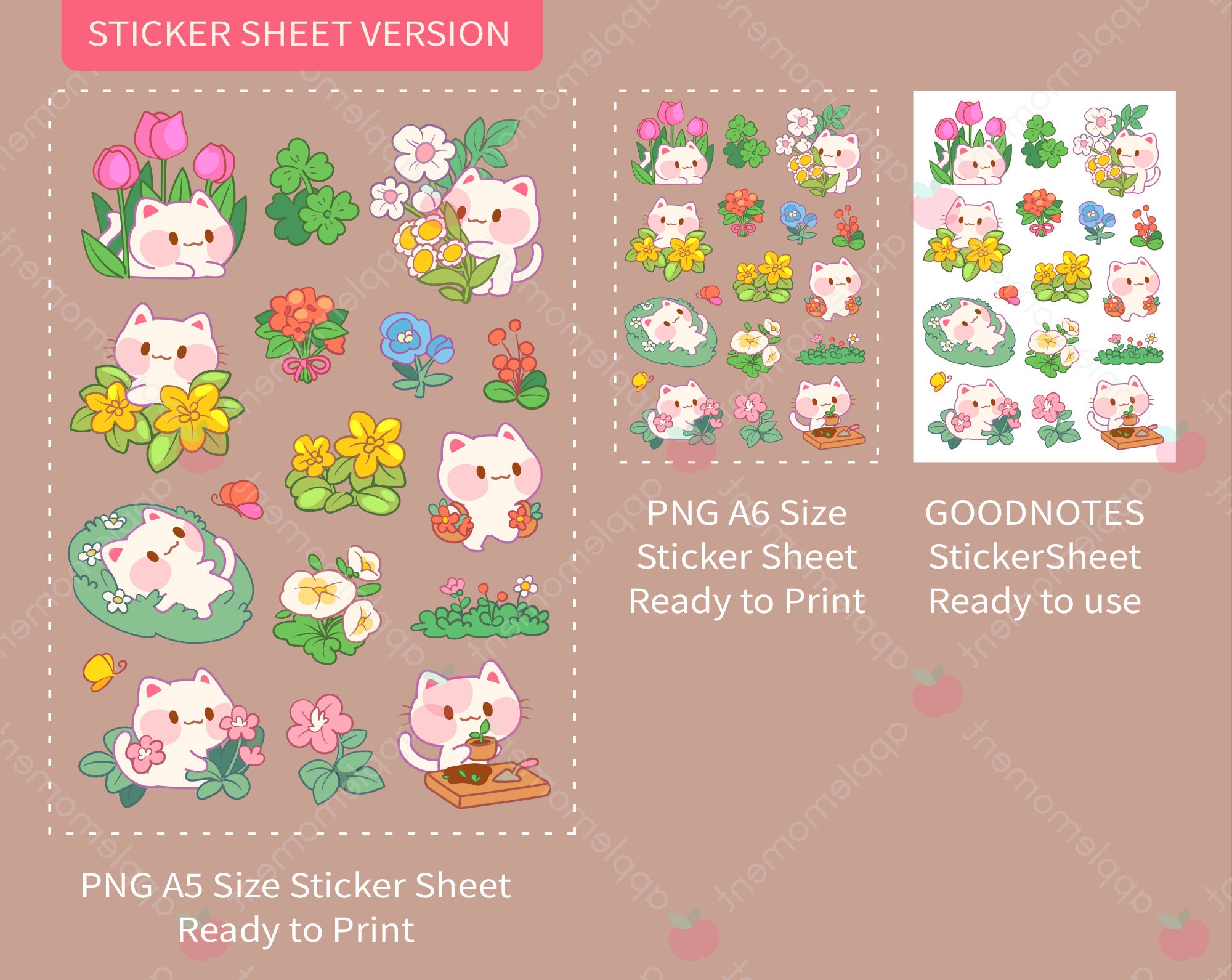 Cute Kawaii Printable Digital Stickers Clipart Kitty Cat and Flowers ...