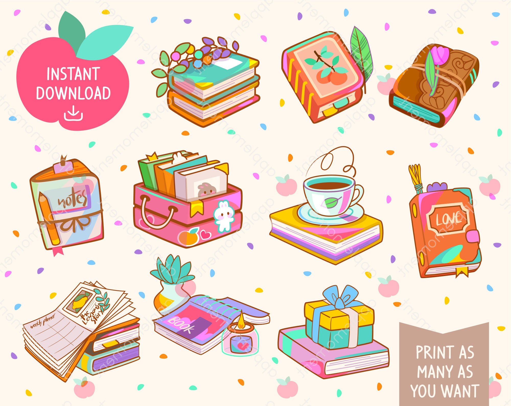 Cute Kawaii Printable Digital Stickers Clipart Rainbow Books - Etsy