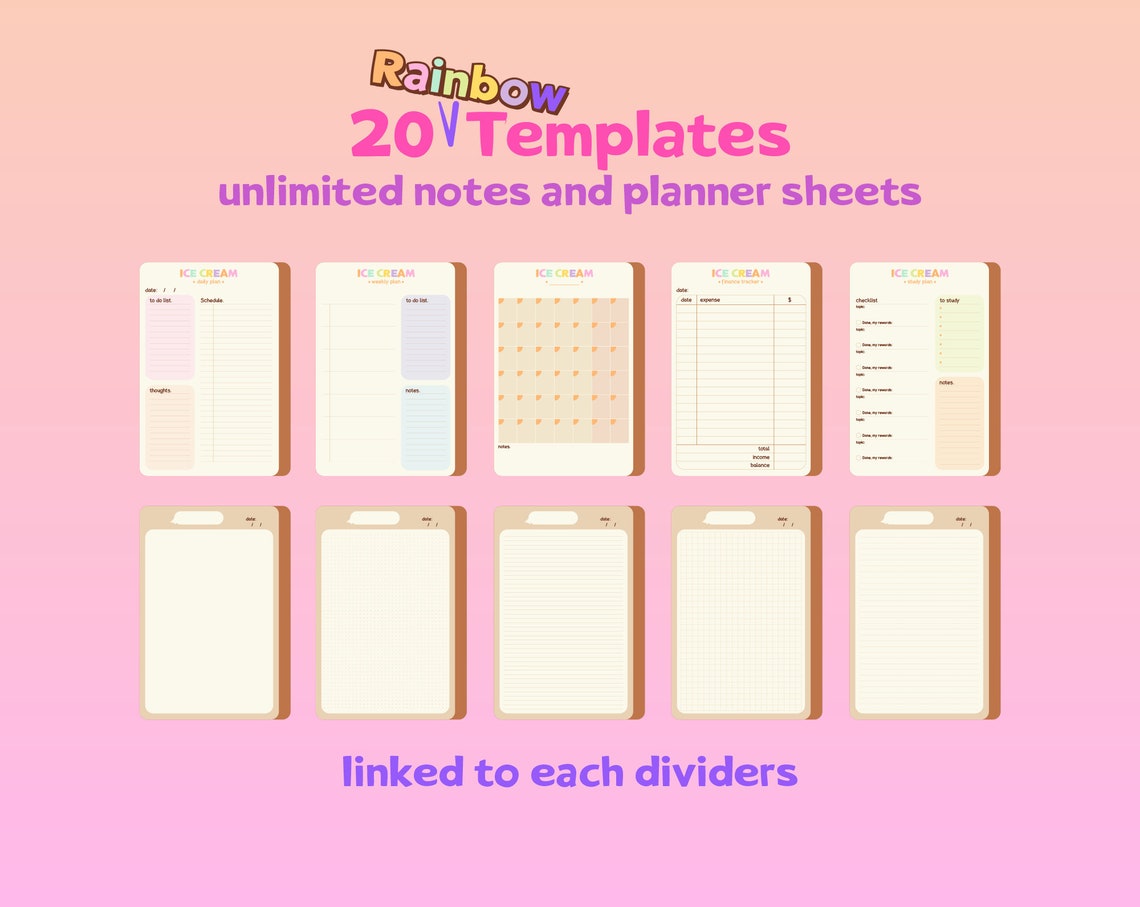 Cute Kawaii Goodnotes Digital Notebook Rainbow Bunny Ice Cream Shop ...