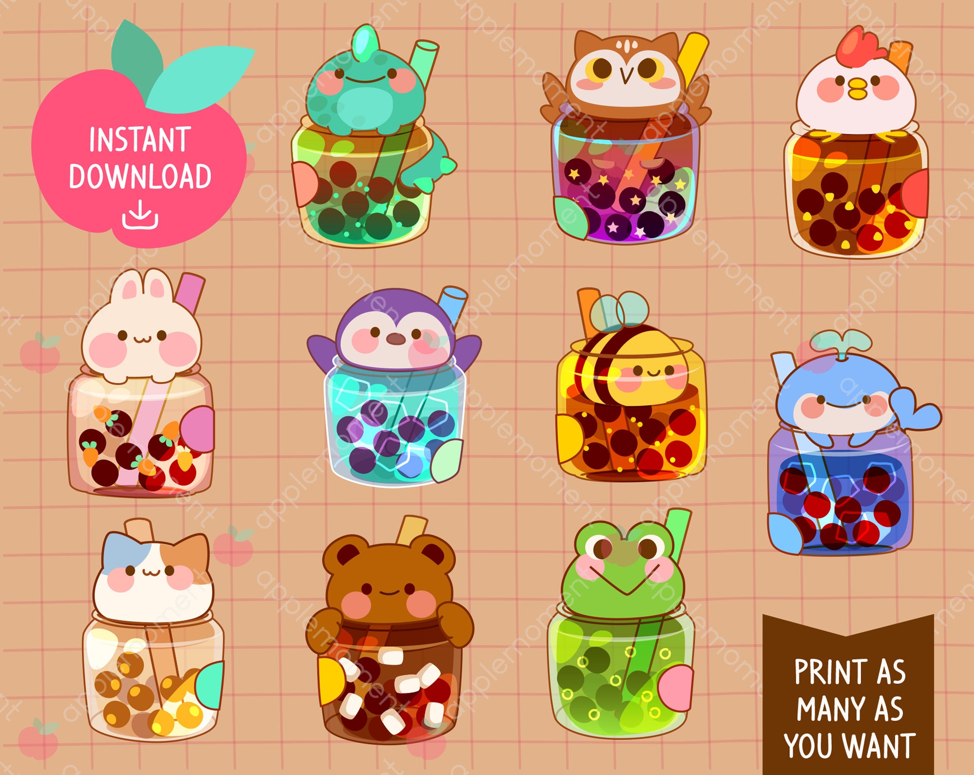 Boba Tea Sticker Clip Art PNG Cute Kawaii Printable Digital Rainbow ...