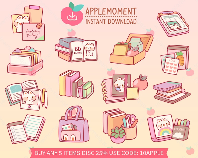 Cute Kawaii Printable Digital Stickers Clipart Illustration Study Bunny ...