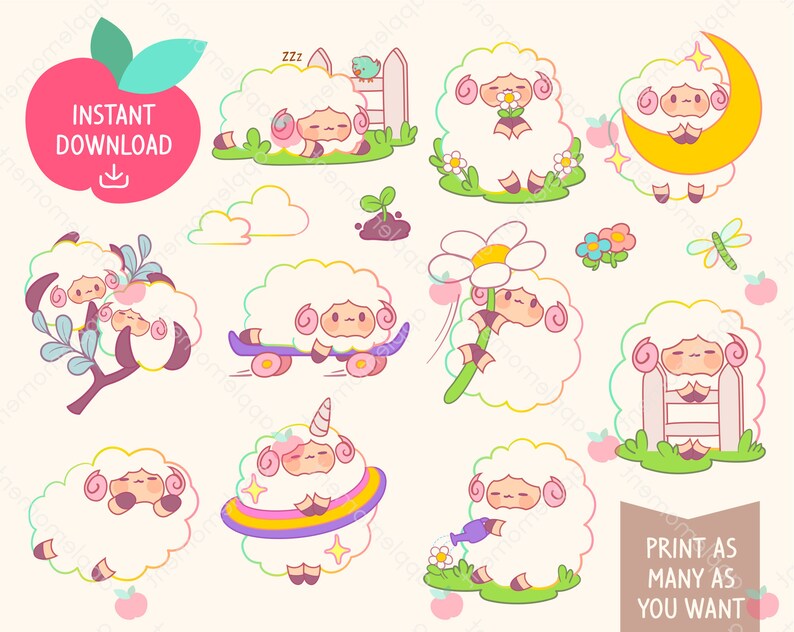 Cute Kawaii Printable Digital Stickers Clipart Daily Rainbow - Etsy