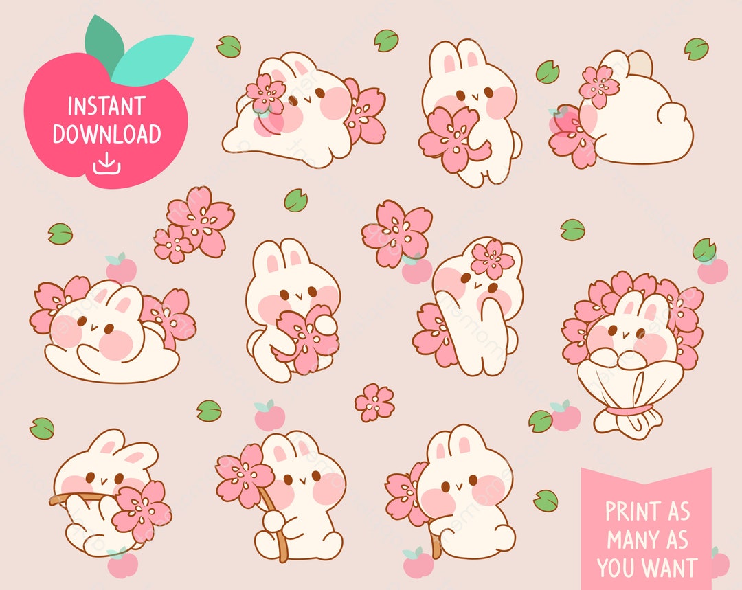 Cute Kawaii Printable Digital Stickers Clipart Rainbow Pink Sakura Bunny Rabbit, Spring ...