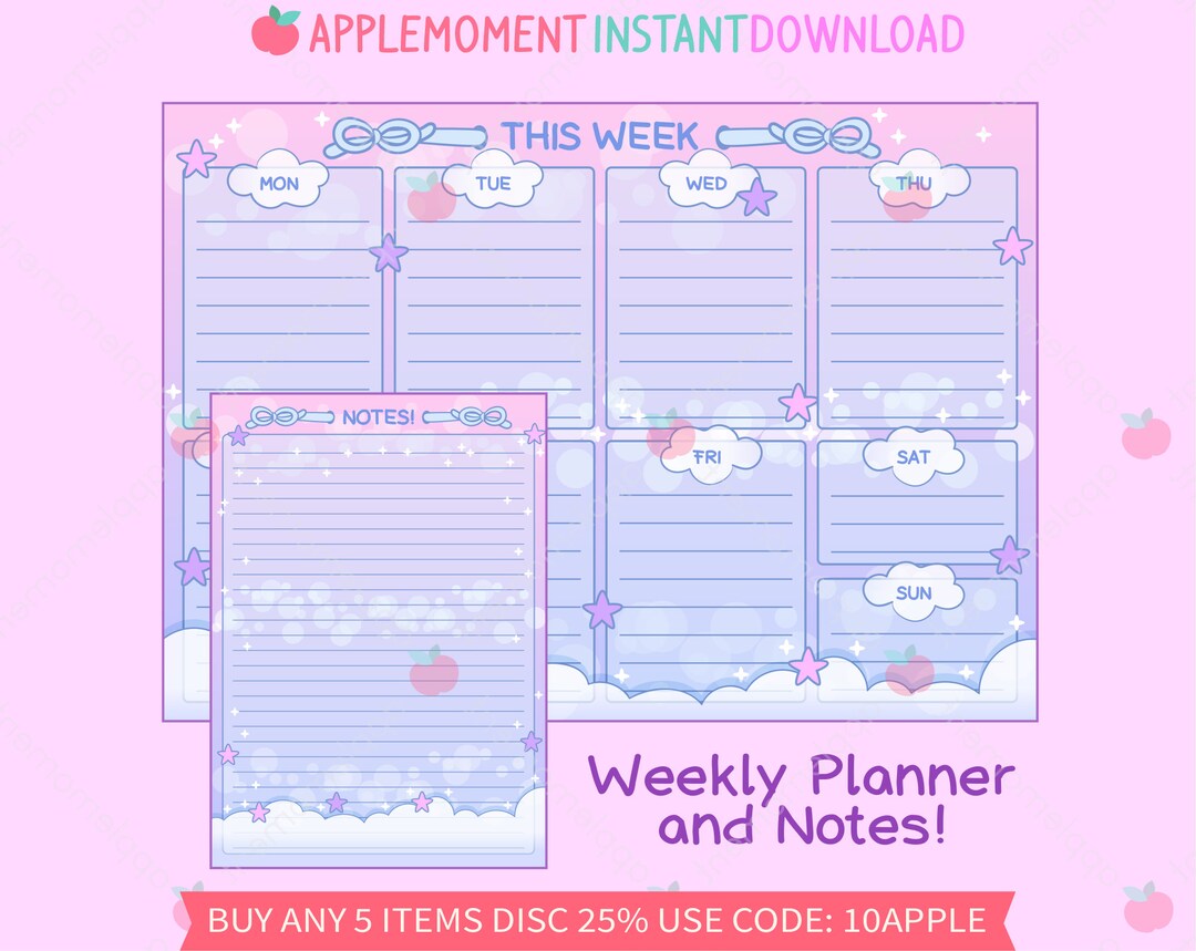 Cute Kawaii Printable Digital Weekly Planner Rainbow Cloud Aesthetic ...