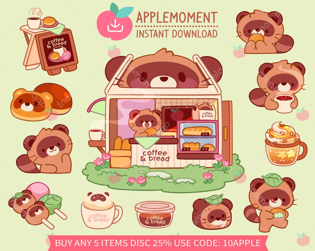 Cute Kawaii Printable Digital Stickers Clipart Illustration Tanuki ...