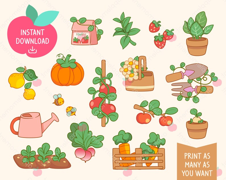 Cute Kawaii Printable Digital Stickers Clipart Rainbow Garden, Fruits ...