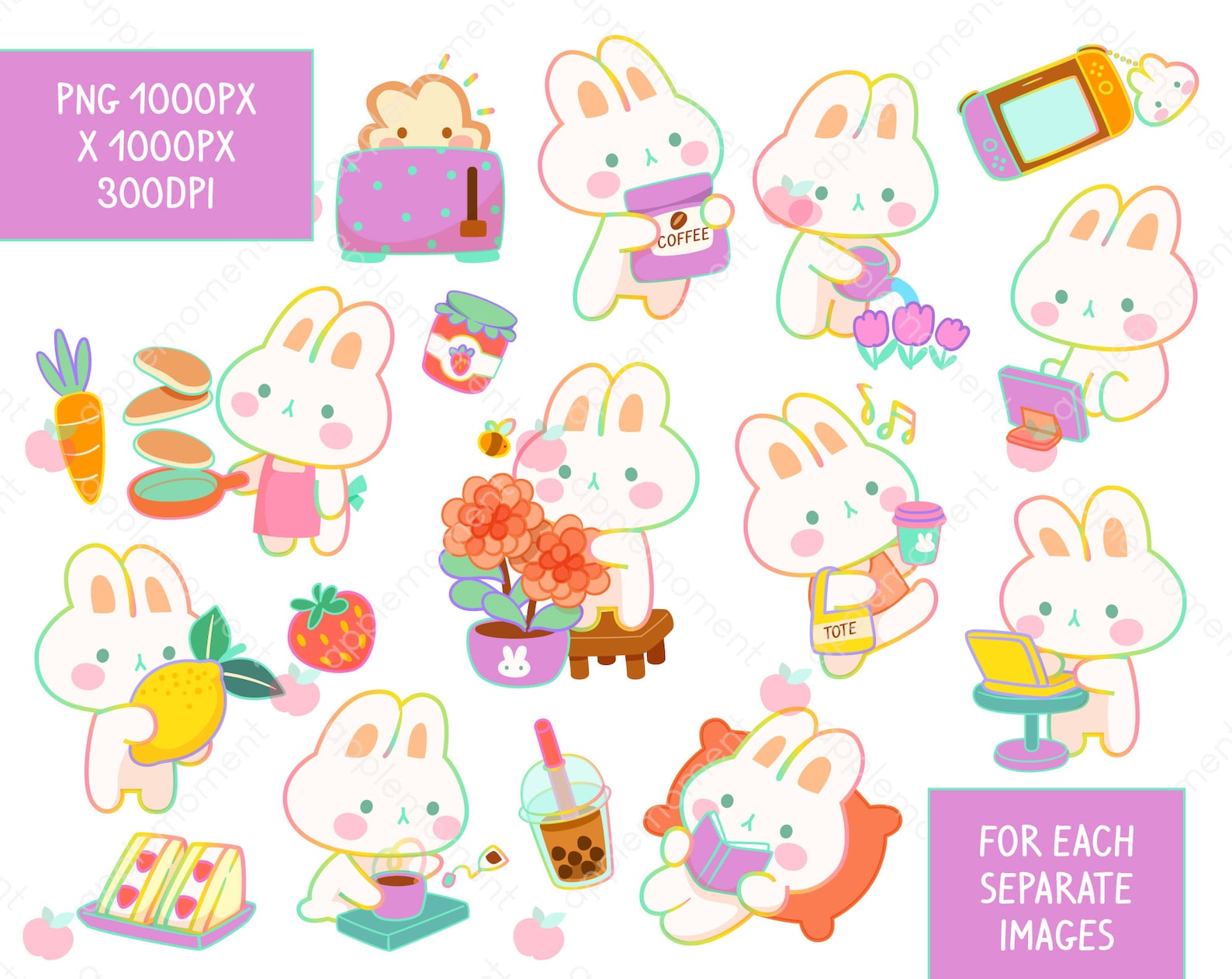 Cute Kawaii Digital Clipart Rainbow Bunny Doing Daily Chores, Rabbit ...