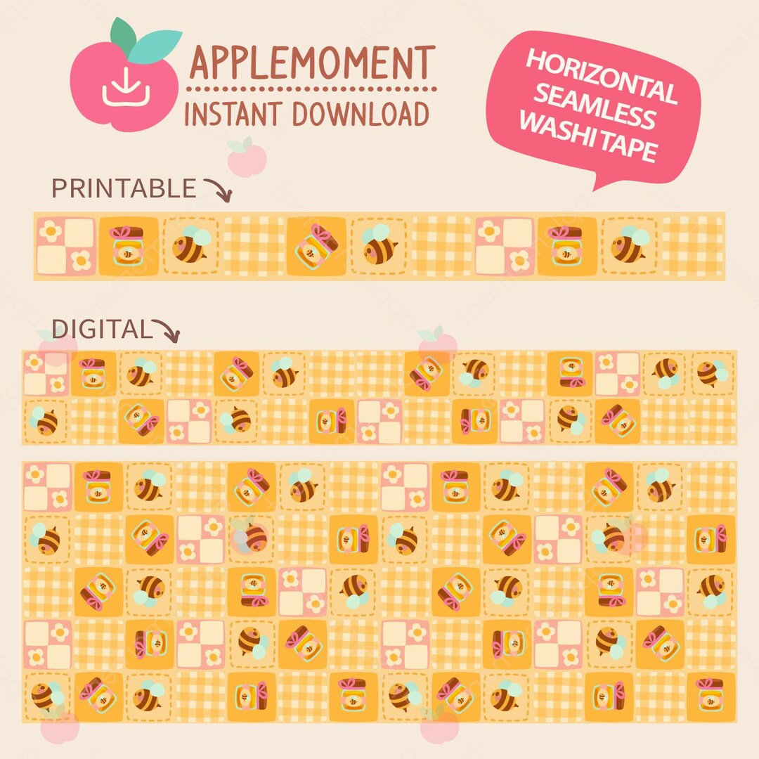 Kawaii Yellow Gingham Bee Washi Tape Set: Printable Digital Stationery ...