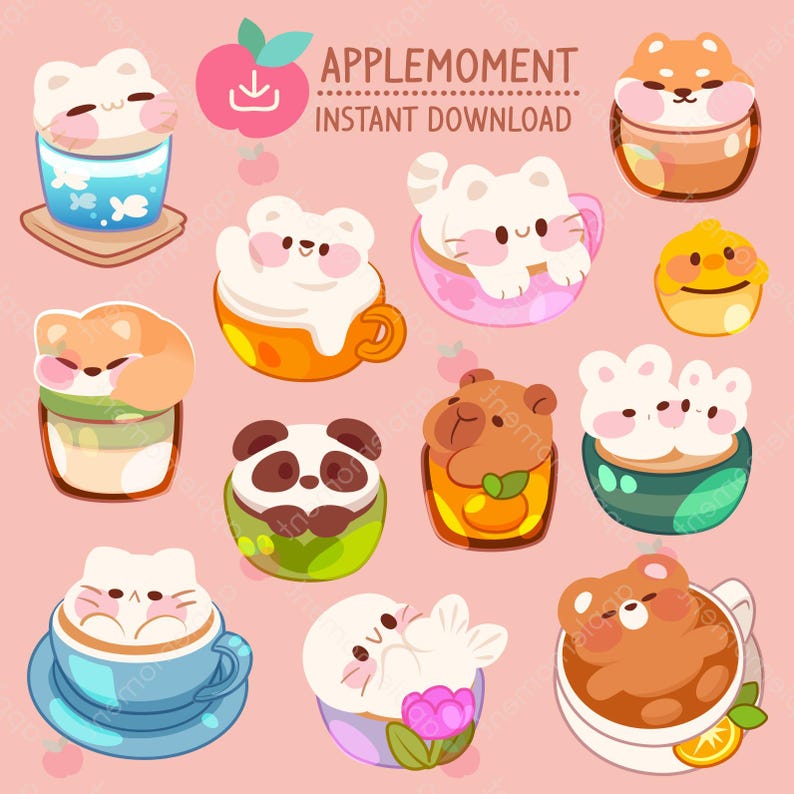 Cute Kawaii Printable Digital Stickers Clipart Animals Latte Drink, PNG ...