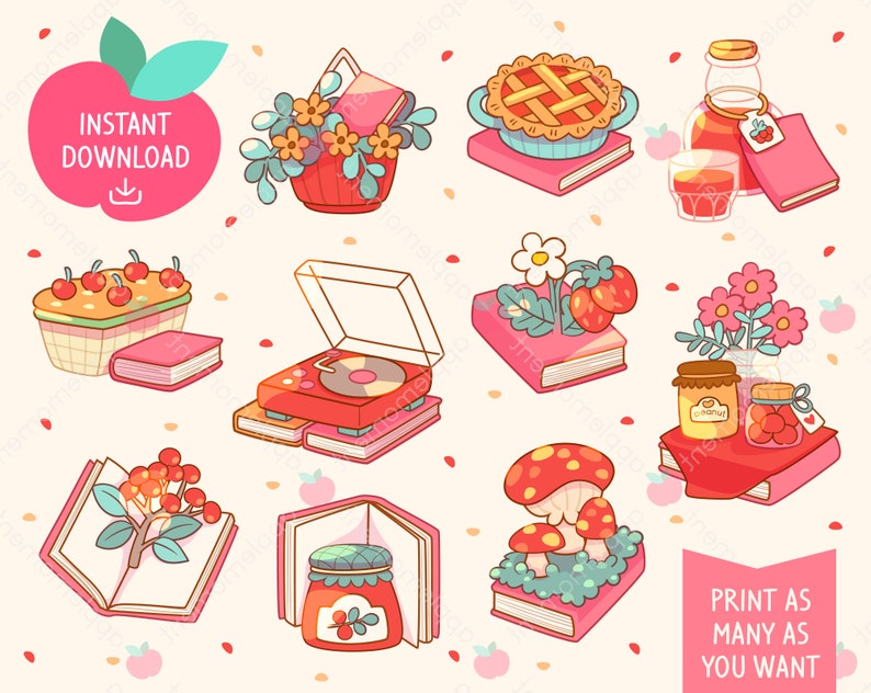 Cute Kawaii Printable Digital Stickers Clipart Pink Book, Food and ...