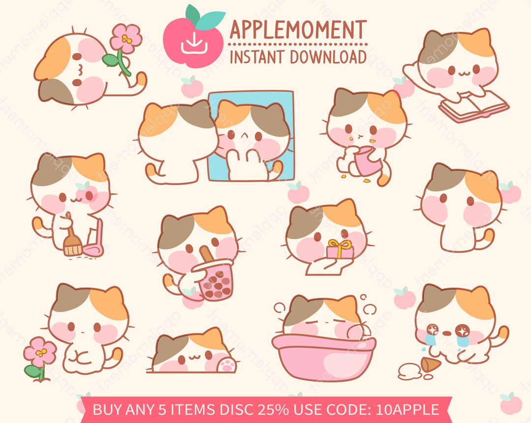 Cute Kawaii Printable Digital Stickers Clipart Daily Kitty Cat Life ...