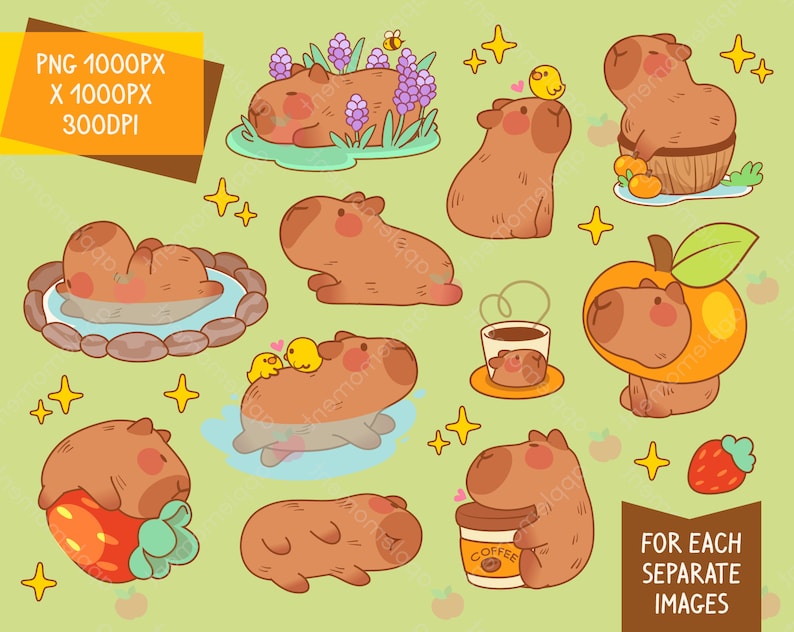 Cute Kawaii Printable Digital Stickers Clipart Orange Giant Cavy Rodent Capybara Coffee Cafe