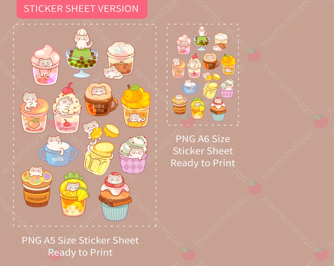 Cute Kawaii Printable Digital Stickers Clipart Illustration Boba Kitty ...