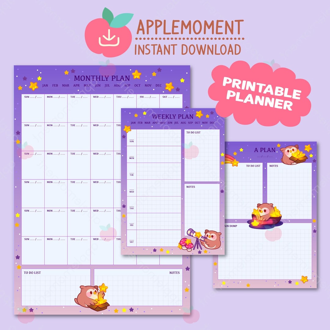 Kawaii Owl and Star Planner: Monthly, Weekly, Notepad (PDF, PNG) - Etsy