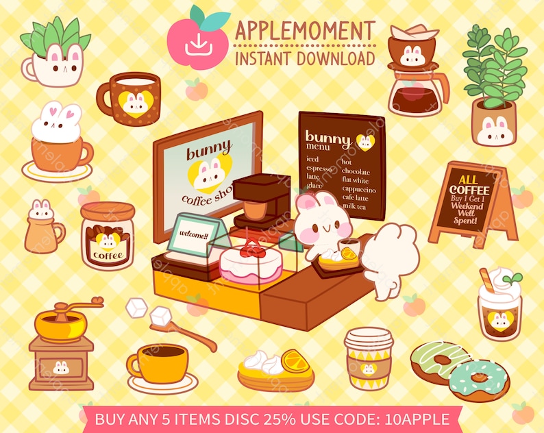 Cute Kawaii Printable Digital Stickers Clipart Illustration Bunny ...