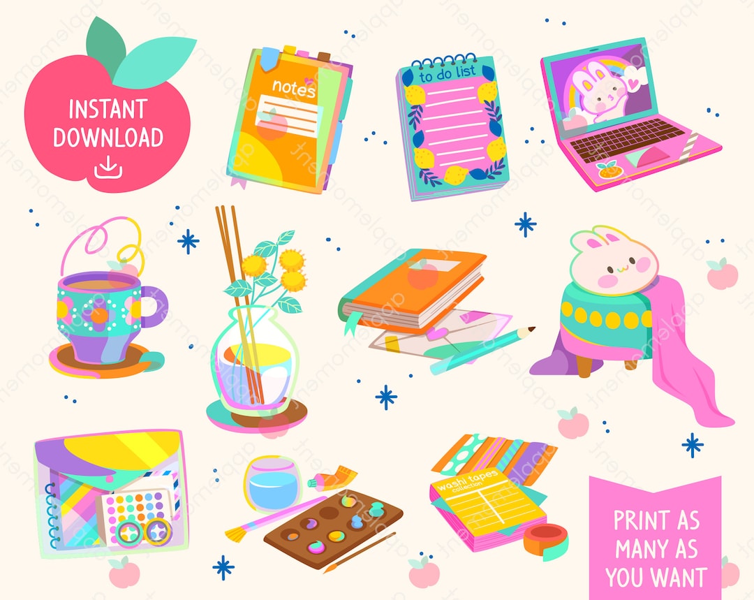 Cute Kawaii Printable Digital Stickers Clipart Rainbow Daily Study ...