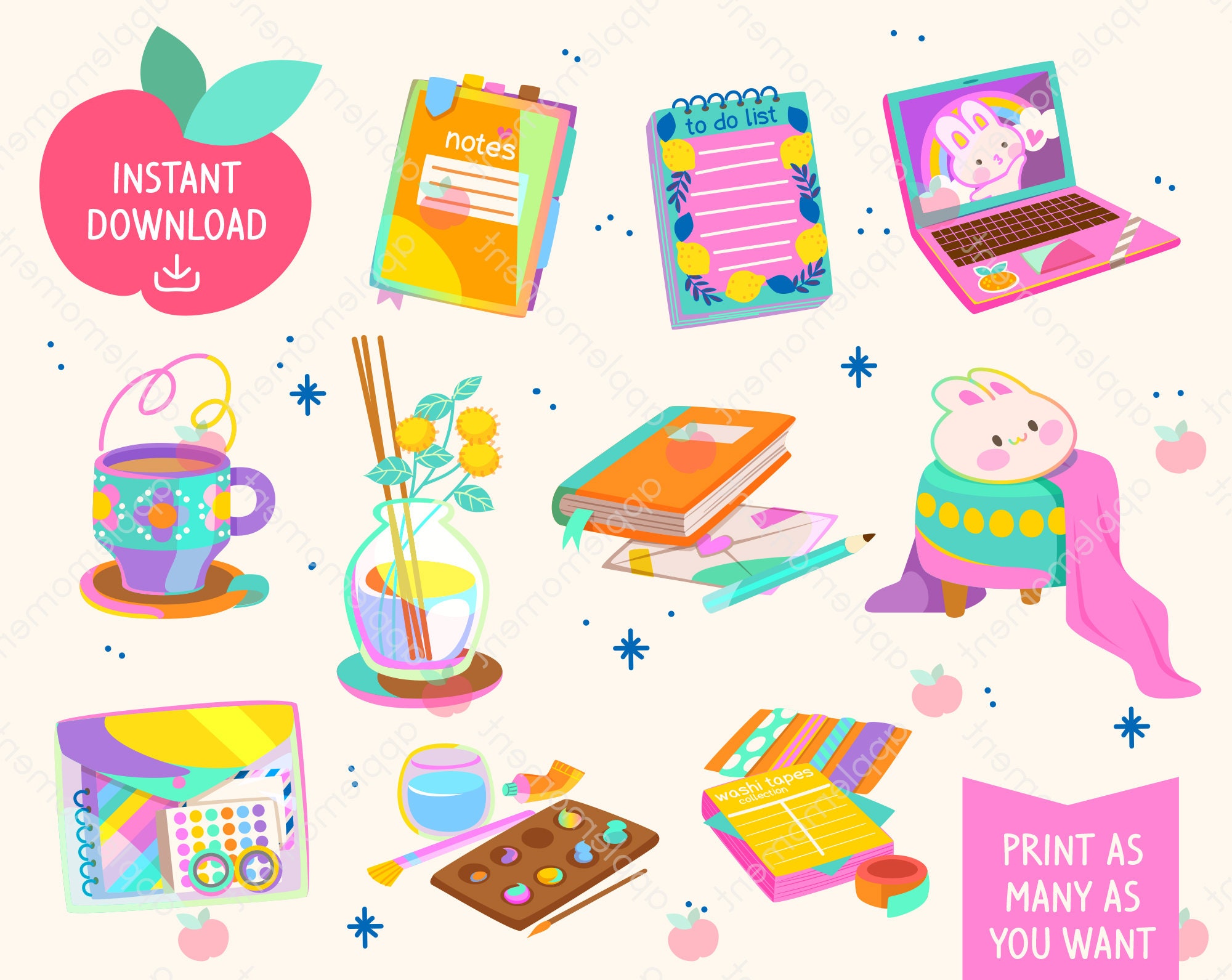 Cute Kawaii Printable Digital Stickers Clipart Rainbow Daily Study ...