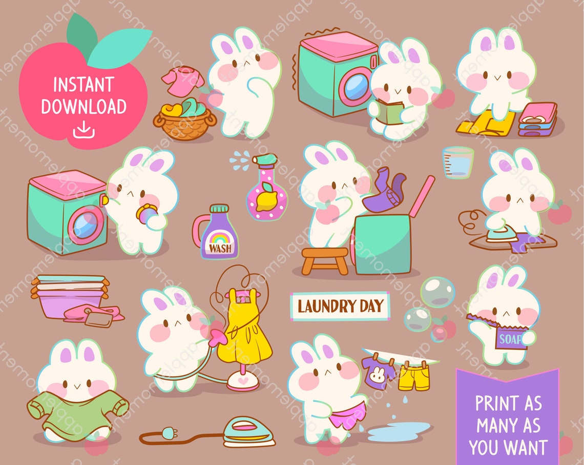 Cute Kawaii Printable Digital Stickers Clipart Rainbow Bunny Rabbit ...