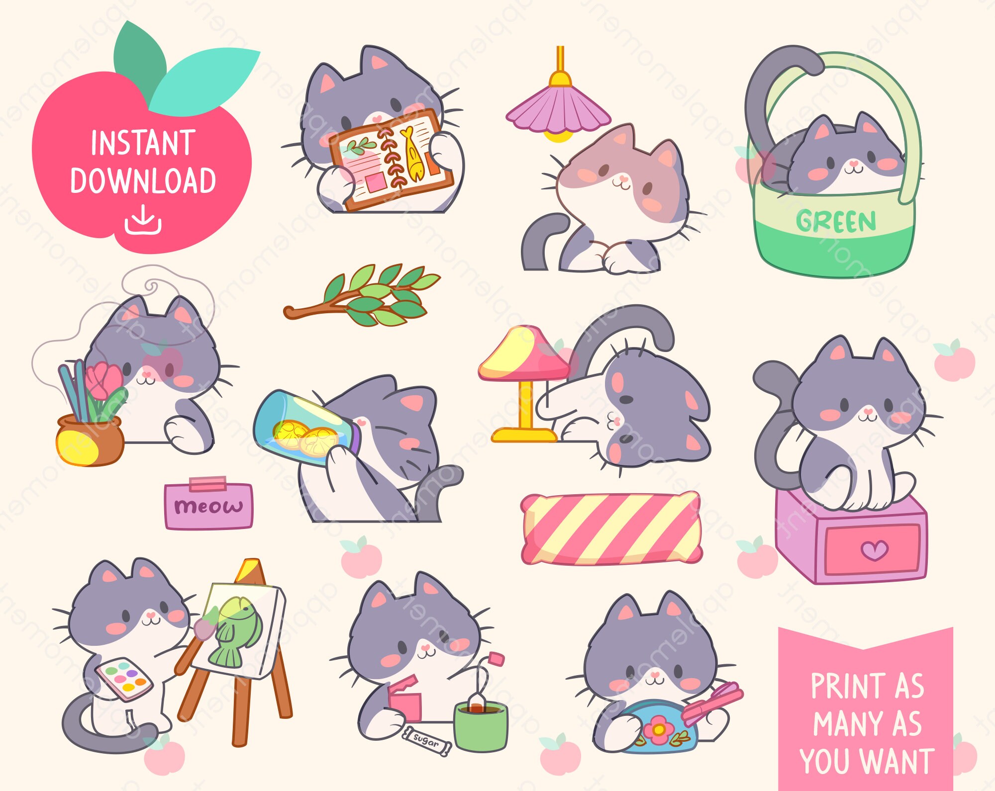 Cute Kawaii Printable Digital Stickers Clipart Blue Cat Daily ...