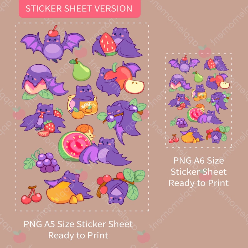 Cute Kawaii Fruit Bat Clipart Stickers, PNG (digital Download) - Etsy