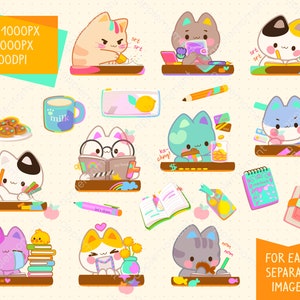 Kawaii Cat Study Clipart Stickers: School Stationery (digital Download ...